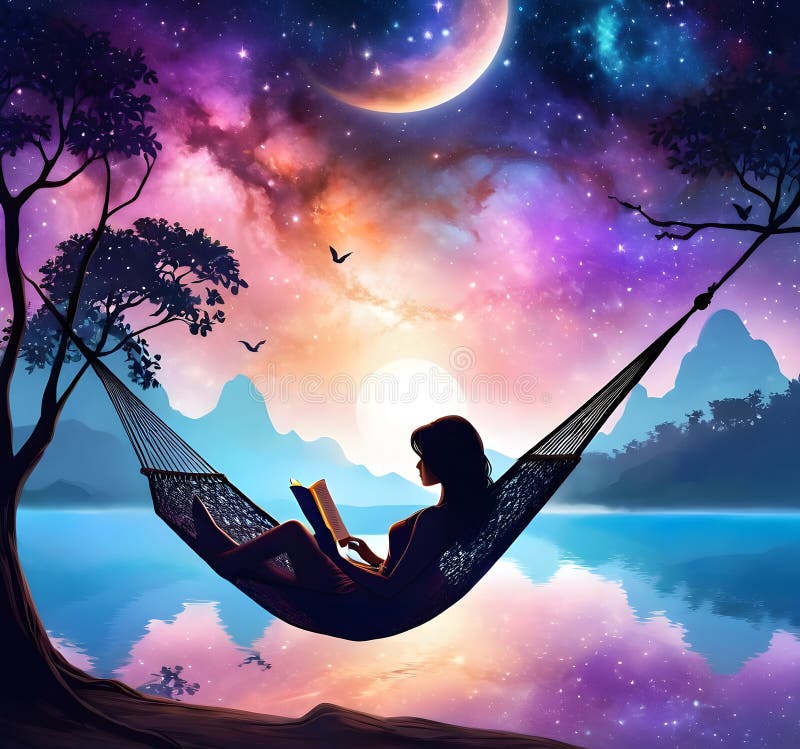 Silhouette of Lady Reading Book in Hummock at Calm Lake Scenery Stock ...