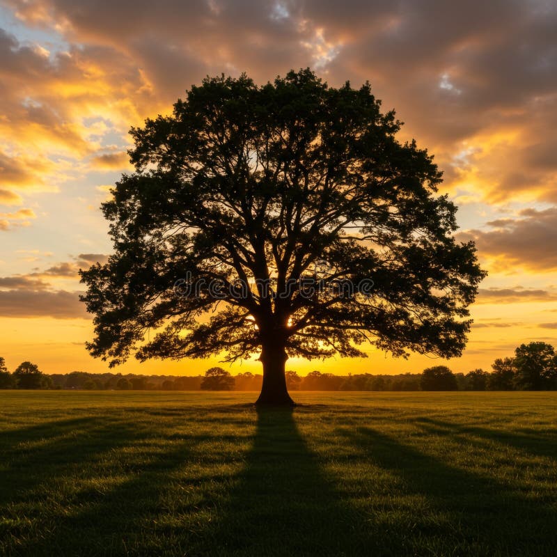 Silhouette of a Large Oak Tree at Sunset Stock Illustration ...