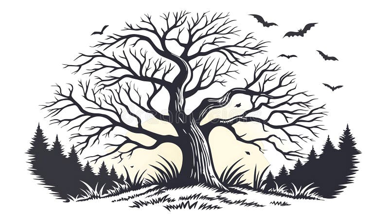 Silhouette of a Large, Spooky Tree with Bare Branches, Surrounded by ...