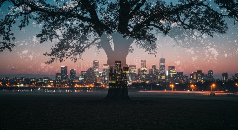 Silhouette of a Large Tree Overlaying a Night Cityscape Stock ...