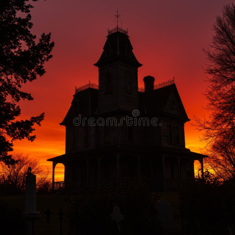 Silhouette of a Large Victorian House at Sunset Stock Illustration ...