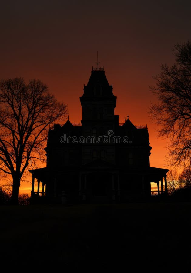 Silhouette of a Large Victorian House at Sunset Stock Illustration ...