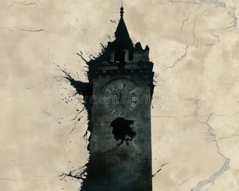 Silhouette of Leaning WWII Clock Tower on Khaki Background Stock ...