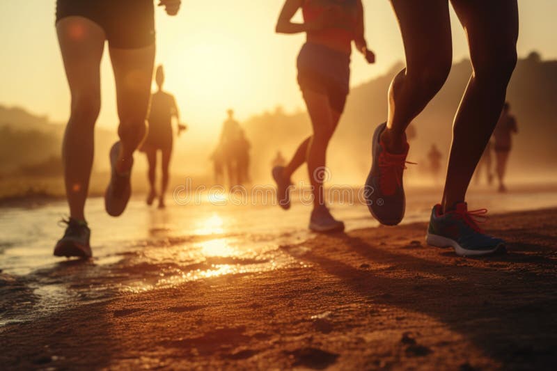 Legs Runner Group Running on Sunset Seaside Trail, Generative AI Stock ...