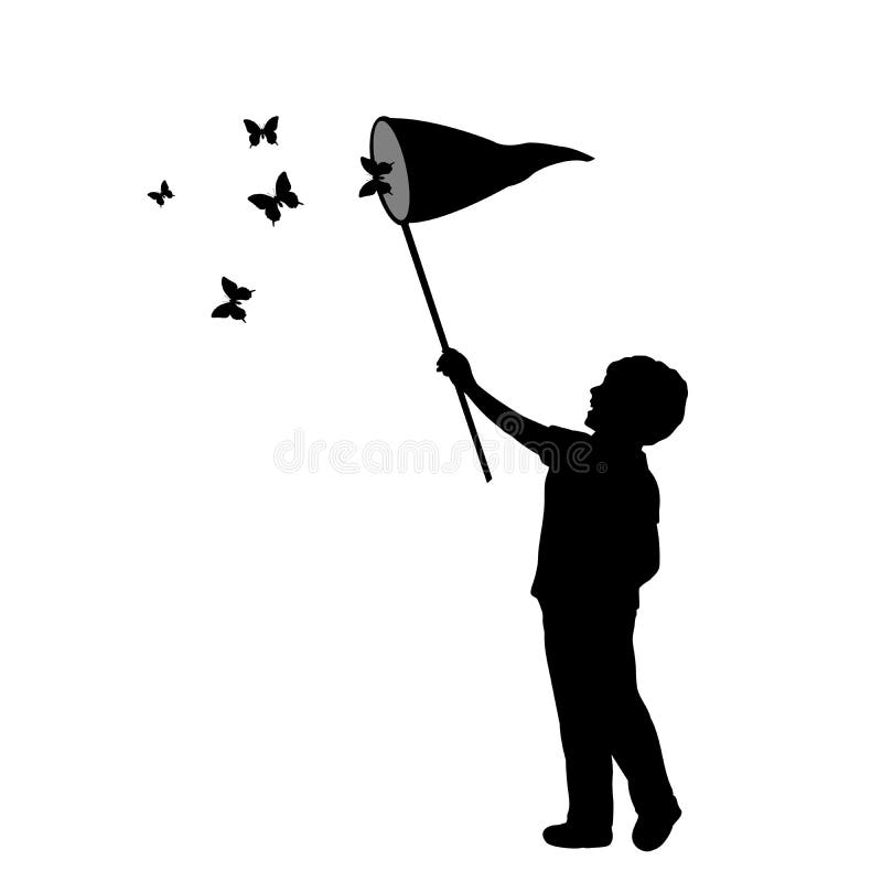 Silhouette Little Boy Catches Butterflies Stock Vector - Illustration ...