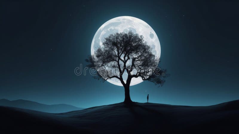 Silhouette of a Lone Figure Under a Full Moon Stock Illustration ...