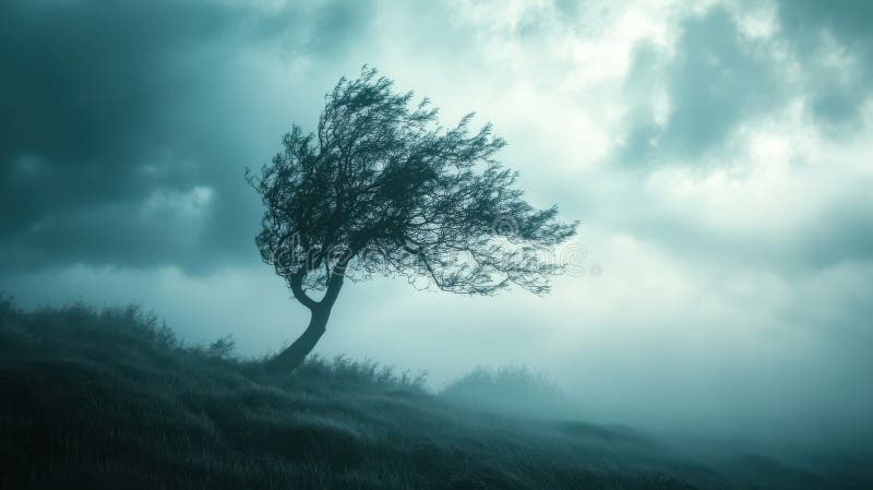 Silhouette of a Lone Tree Bending in the Wind during a Violent ...