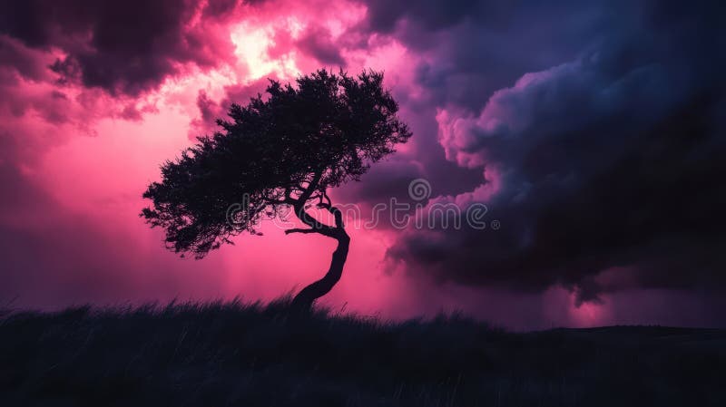Silhouette of a Lone Tree Bending in the Wind during a Violent ...