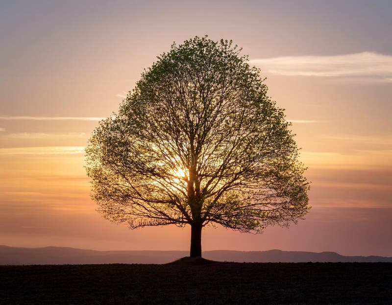 The Silhouette of a Lone Tree Sprouting New Leaves Standing Against a ...