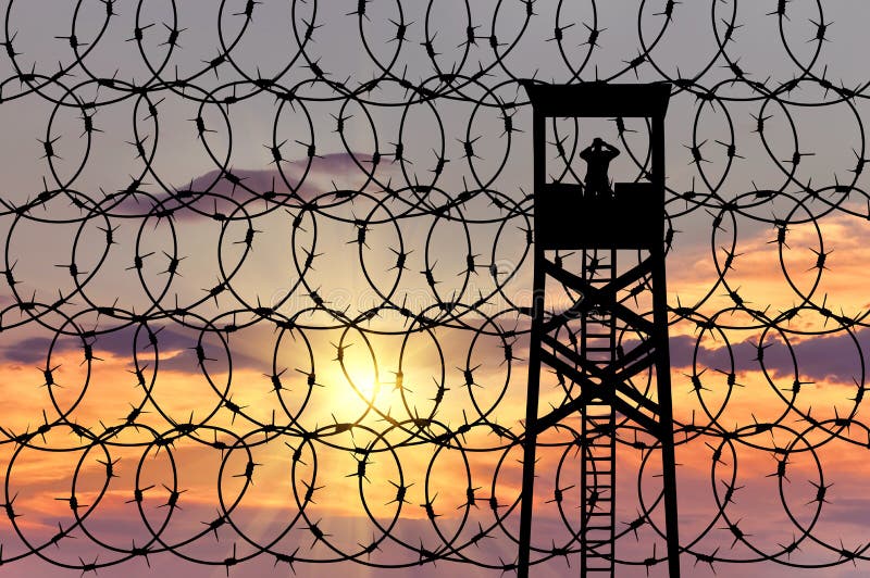 Silhouette of a Lookout Tower and Borders Stock Photo - Image of metal ...