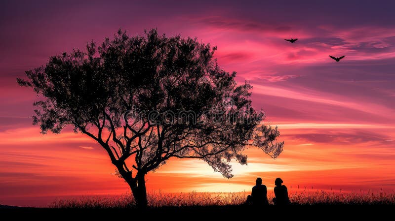 Loving Couple Under the Tree during Sunset. Stock Illustration ...