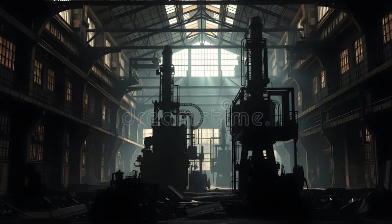 Silhouette of Machines in Abandoned Industrial Factory Stock ...