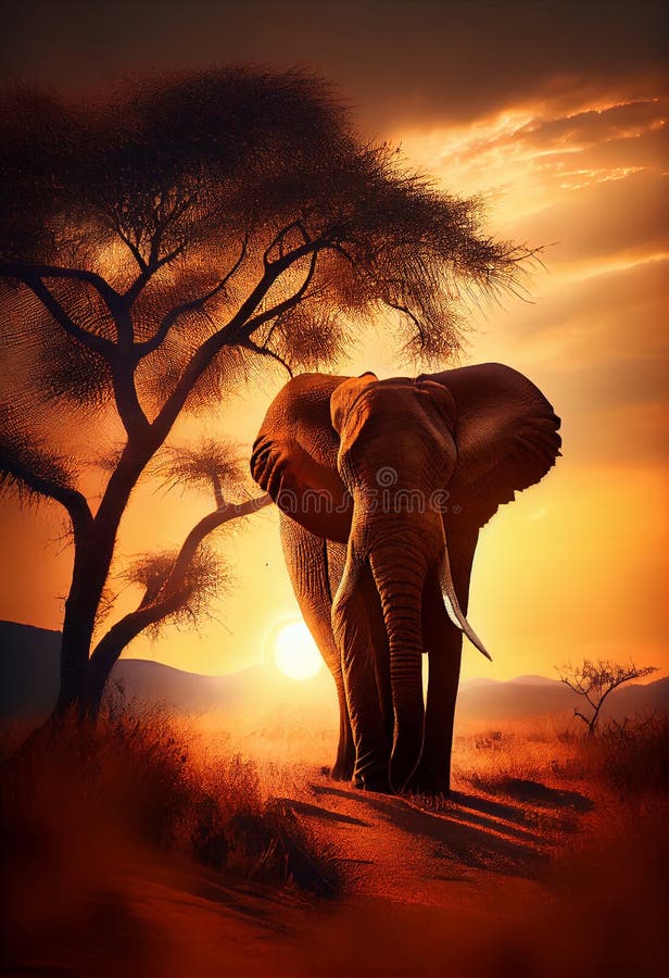 Silhouette of a Majestically Elephant in the Savanna Against the ...