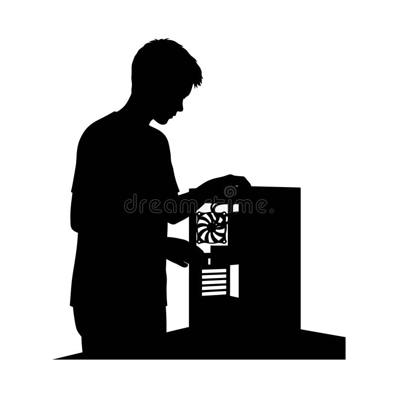 Silhouette of Male Assembling Computer Hardware Inside PC Case Vector ...