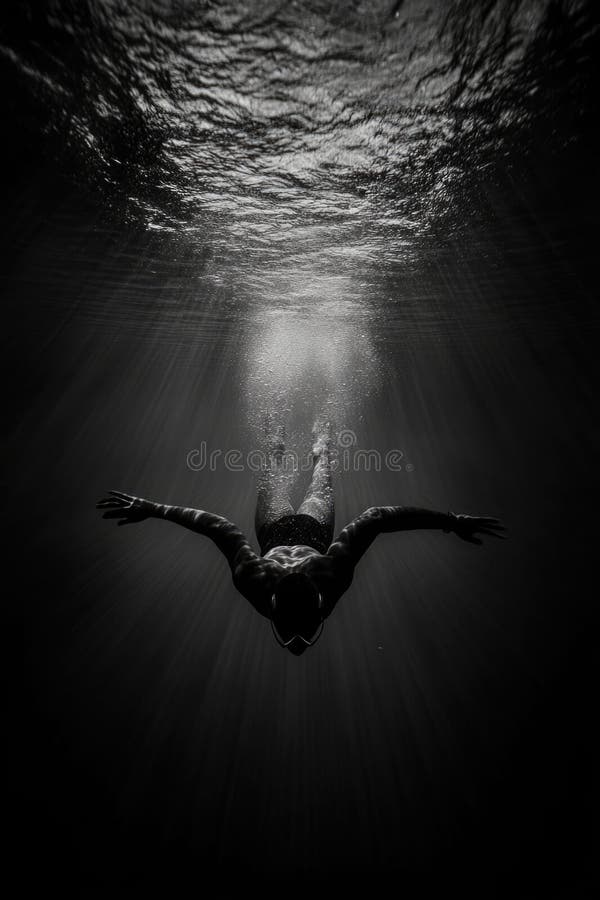 Silhouette of Male Diver Underwater in Monochrome Light Stock Image ...