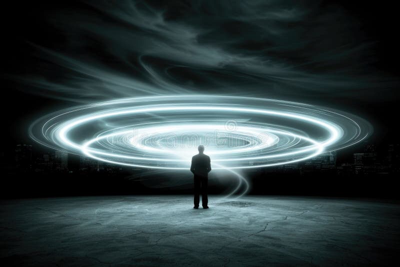 Silhouette of Male Facing Glowing Vortex Over Cityscape at Night Stock ...