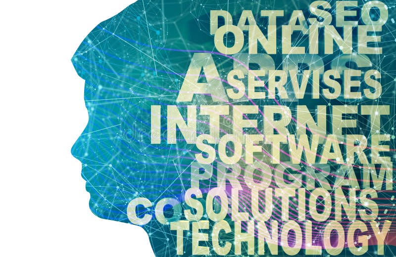 Silhouette of a Male Head and Internet Technology Tags Cloud Stock ...