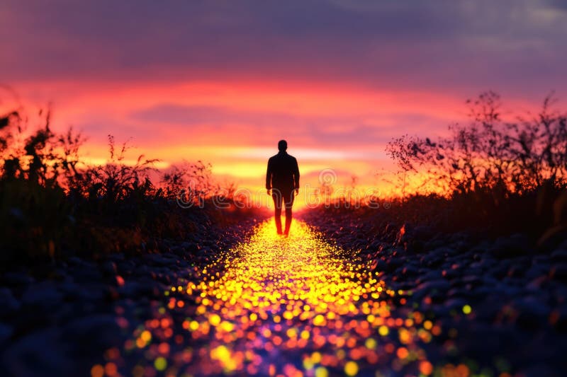 Silhouette of Male Walking on Illuminated Path at Sunset Stock Photo ...