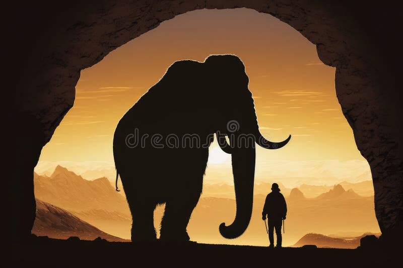 Silhouette of a Mammoth and a Man Against a Sunset Back. Generative AI ...