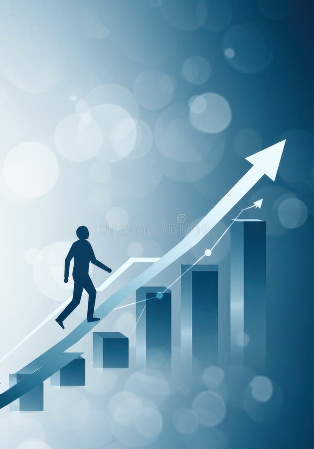 Silhouette of Man Ascending Growth Chart, Blue Abstract Background ...