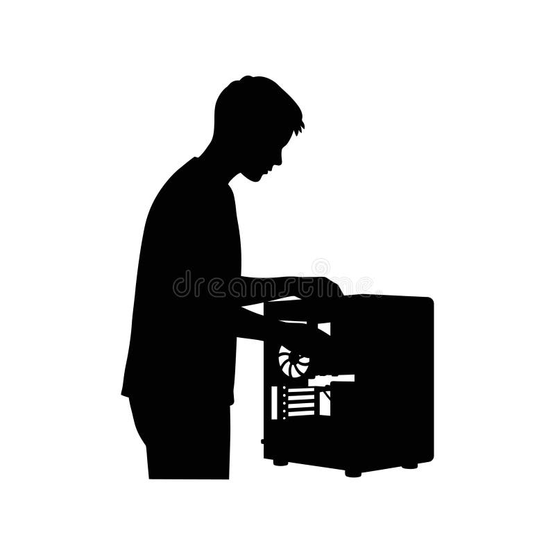 Silhouette of Man Assembling Computer Hardware in Black Vector ...