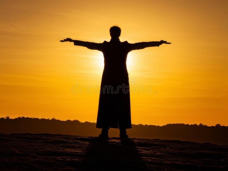 Silhouette of a Man with Backpack on Sunset Stock Illustration ...