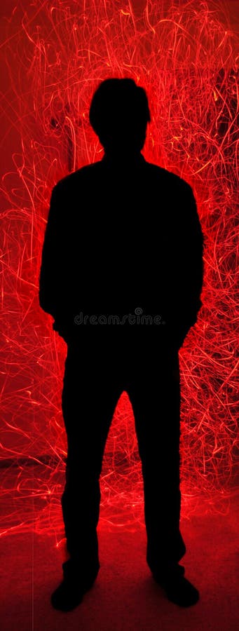 Silhouette Man Behind Red Fire Sparks Inferno Stock Photo - Image of ...