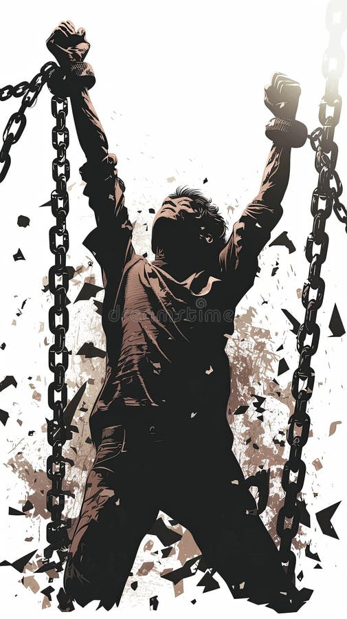 Silhouette of Man Breaking Free from Chains in Powerful Liberation ...