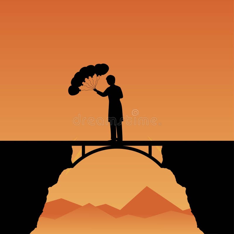Silhouette of a Man on a Bridge Holding Balloons Stock Vector ...