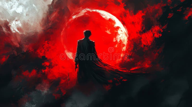 Silhouette of a Man in a Cape Against a Red Blood Moon Stock ...