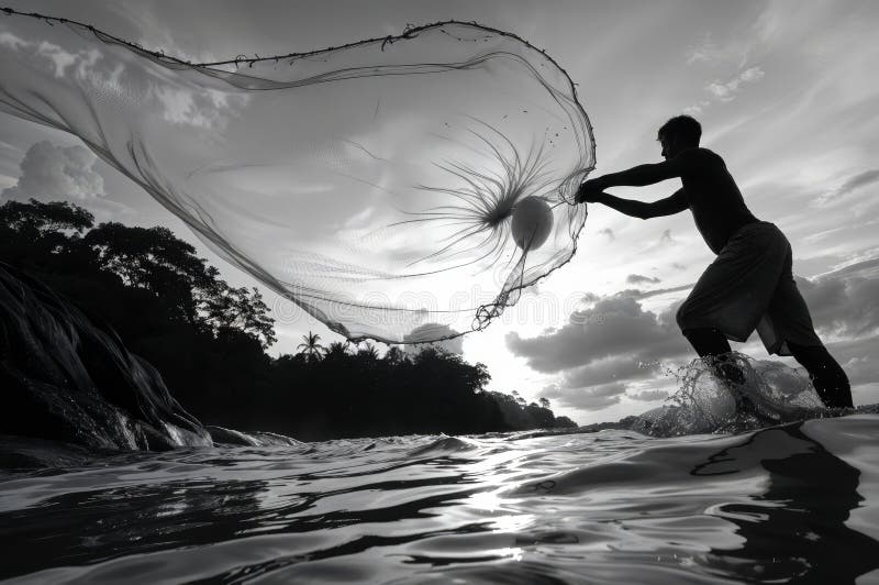 Silhouette of a Man Casting a Net in a River during Sunset. Stock ...