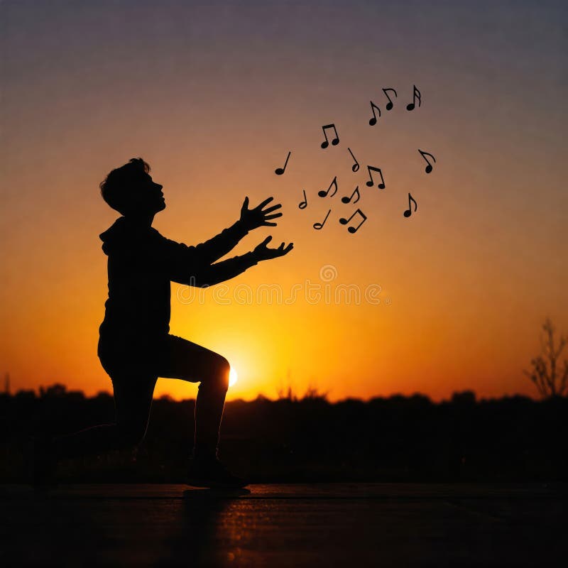 Silhouette of a Man Catching Musical Notes at Sunset. Stock Photo ...