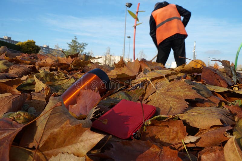 Silhouette of a Man Clearing Fallen Leaves Stock Image - Image of city ...