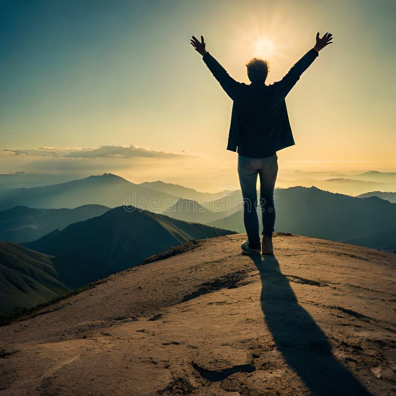 Silhouette of Man on Cliff Edge with Arms To the Sky Stock Illustration ...