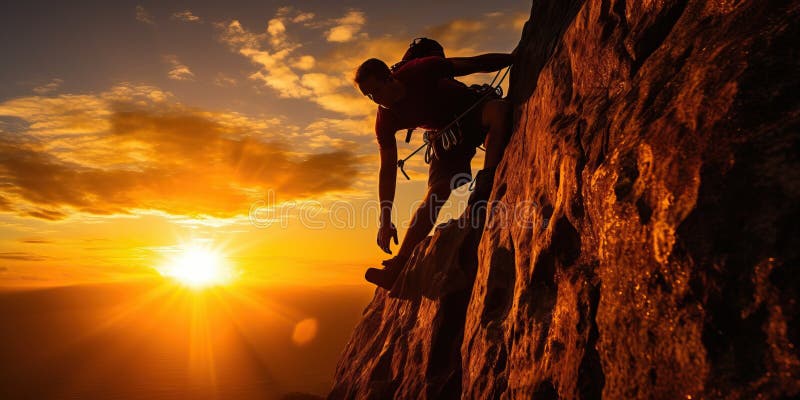 Silhouette of a Man Climbing on a Cliff Against the Setting Sun Stock ...