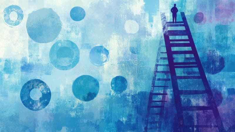 Silhouette of Man Climbing Tall Ladder Against Abstract Blue Background ...