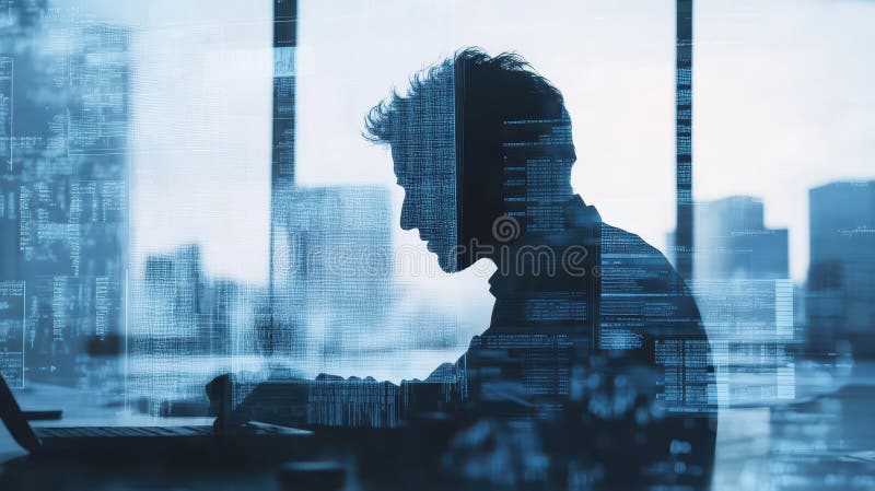Silhouette of Man Coding on Laptop with Digital Overlay Stock Image ...