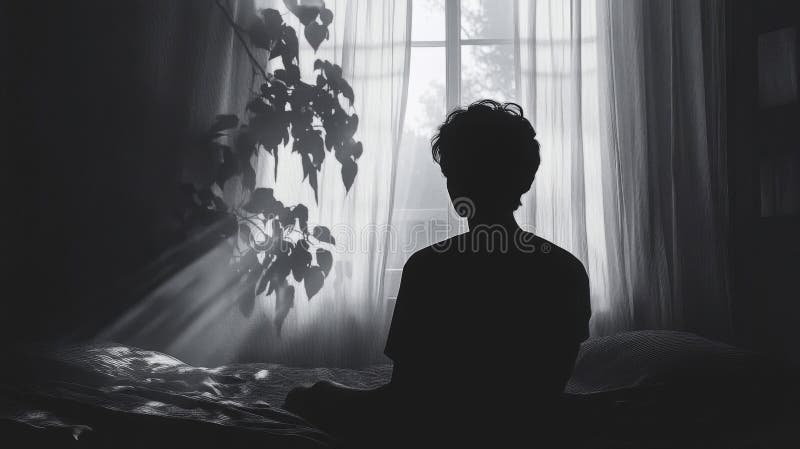 Silhouette of a Man Contemplating in a Sunlit Forest Stock Illustration ...