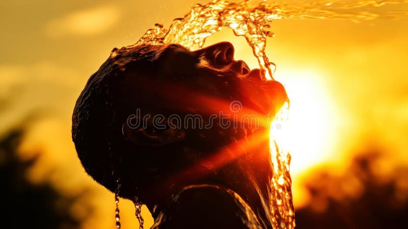 Silhouette of Man Cooling Off with Water in Heat Wave Stock ...