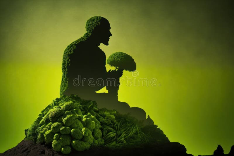 Silhouette of a Man Covered in Green Foliage Holding a Tree. Stock ...