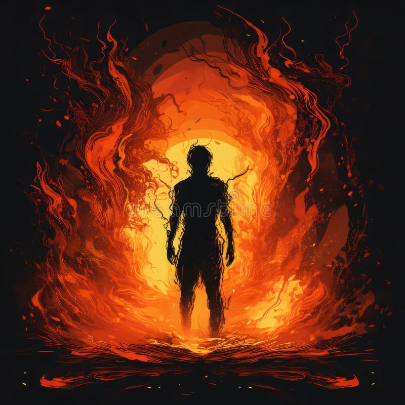 Silhouette of a Man Covered with Roots on the Back of a Fire Flame ...