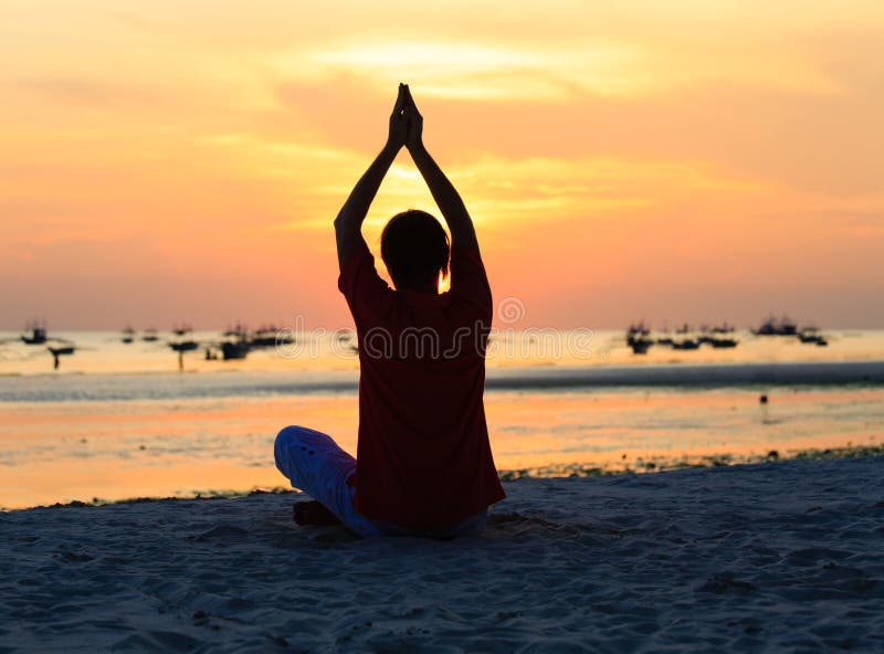 Silhouette of Man Doing Yoga at Sunset Beach Stock Image - Image of ...