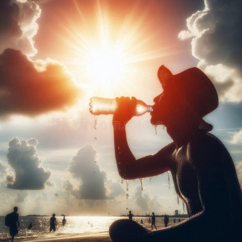 Silhouette of Man Drinking Water in Scorching Summer Heat Stock ...