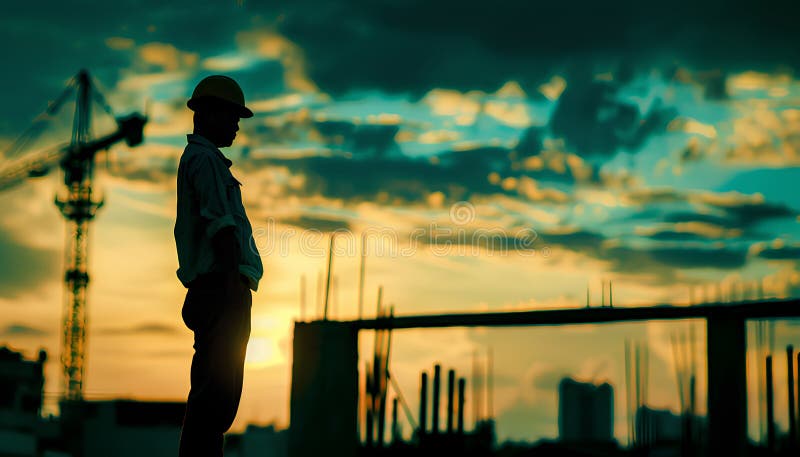 Silhouette Man Engineer Looking for Builder on Construction Site Over ...
