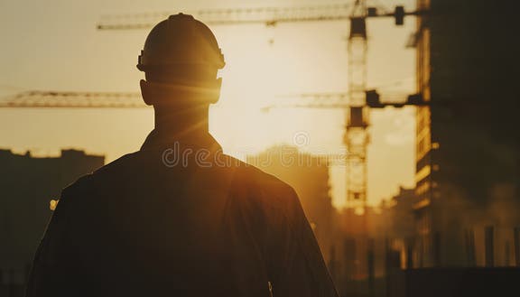 Silhouette Man Engineer Looking for Builder on Construction Site Over Blurred Builder on ...