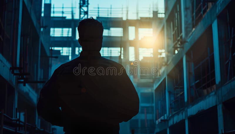 Silhouette Man Engineer Looking for Builder on Construction Site Over ...