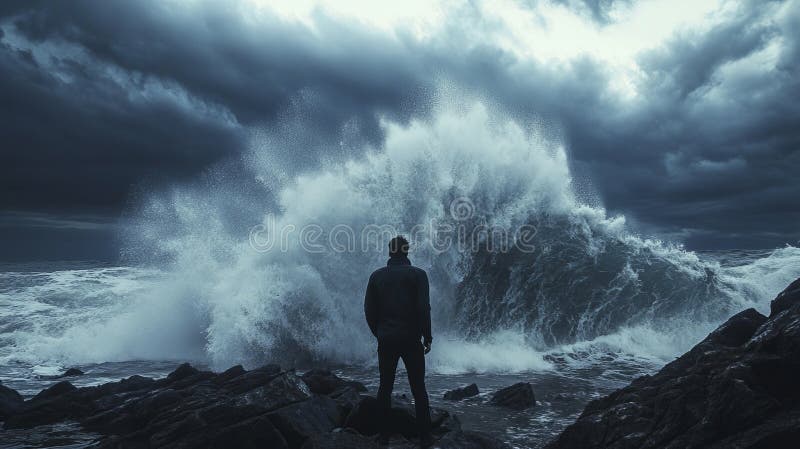 Silhouette Man Facing Crashing Ocean Waves Stock Photos - Free ...