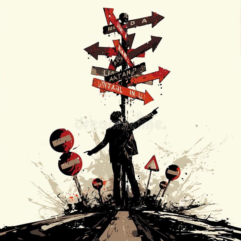 Silhouette of a Man Facing Multiple Choices with Direction Signs Stock ...