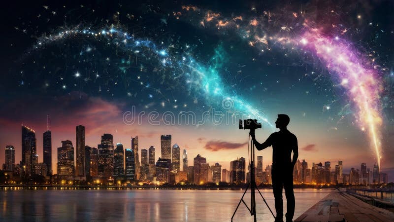 Silhouette of a Man Filming a Cityscape at Night Stock Illustration ...