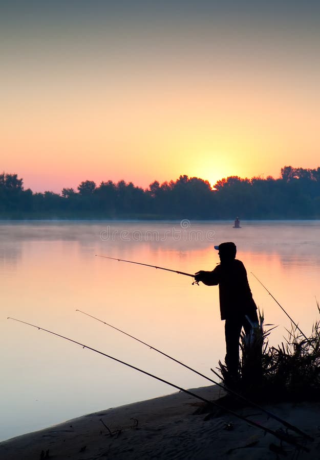 Silhouette of Man Fishing in a Sunset Stock Image - Image of hook ...